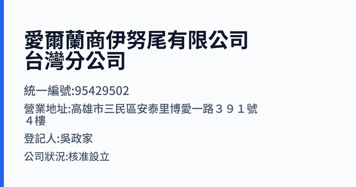愛爾蘭商伊努尾有限公司台灣分公司 - 統編 95429502(高雄市) 公司登記資料與營業項目詳細圖表