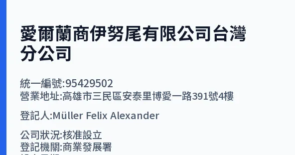 愛爾蘭商伊努尾有限公司台灣分公司的照片-統編 95429502(高雄市) 公司登記資料與營業項目詳細圖表