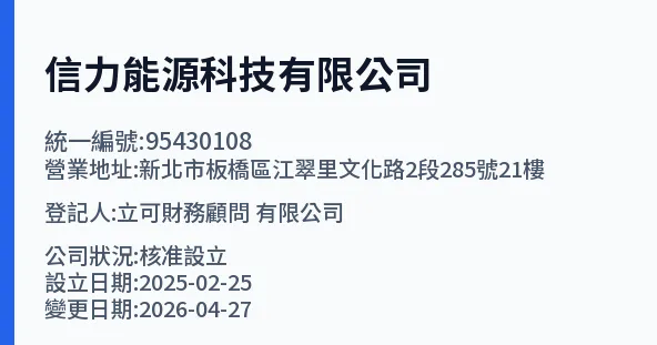 信力能源科技有限公司的照片-統編 95430108(新北市) 公司登記資料與營業項目詳細圖表
