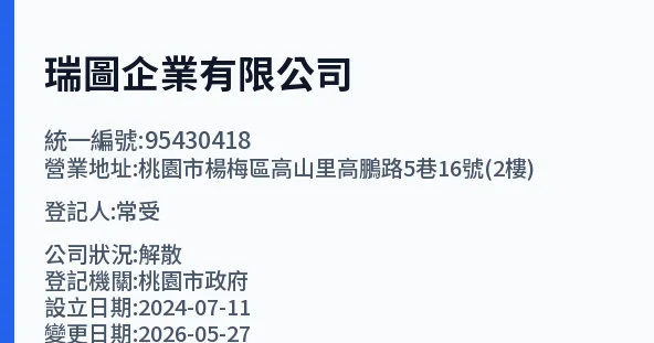 瑞圖企業有限公司的照片-統編 95430418(桃園市) 公司登記資料與營業項目詳細圖表