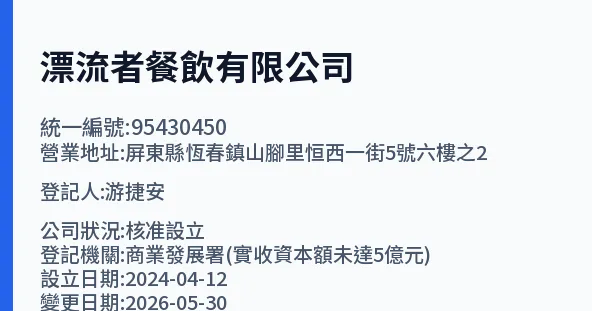 漂流者餐飲有限公司的照片-統編 95430450(屏東縣) 公司登記資料與營業項目詳細圖表