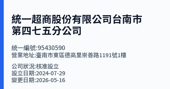 統一超商股份有限公司台南市第四七五分公司的照片-統編 95430590(臺南市) 公司登記資料與營業項目詳細圖表
