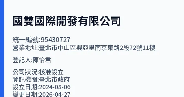 國雙國際開發有限公司的照片-統編 95430727(臺北市) 公司登記資料與營業項目詳細圖表