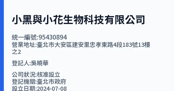 小黑與小花生物科技有限公司的照片-統編 95430894(臺北市) 公司登記資料與營業項目詳細圖表