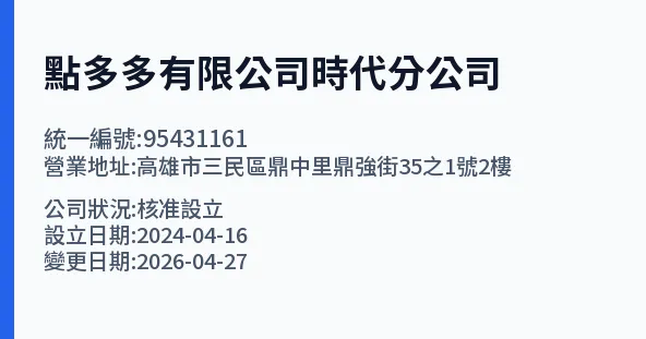 點多多有限公司時代分公司的照片-統編 95431161(高雄市) 公司登記資料與營業項目詳細圖表