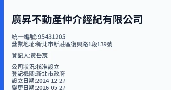 廣昇不動產仲介經紀有限公司的照片-統編 95431205(新北市) 公司登記資料與營業項目詳細圖表