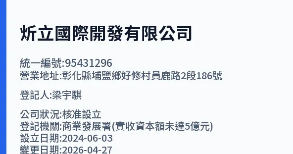 炘立國際開發有限公司的照片-統編 95431296(彰化縣) 公司登記資料與營業項目詳細圖表