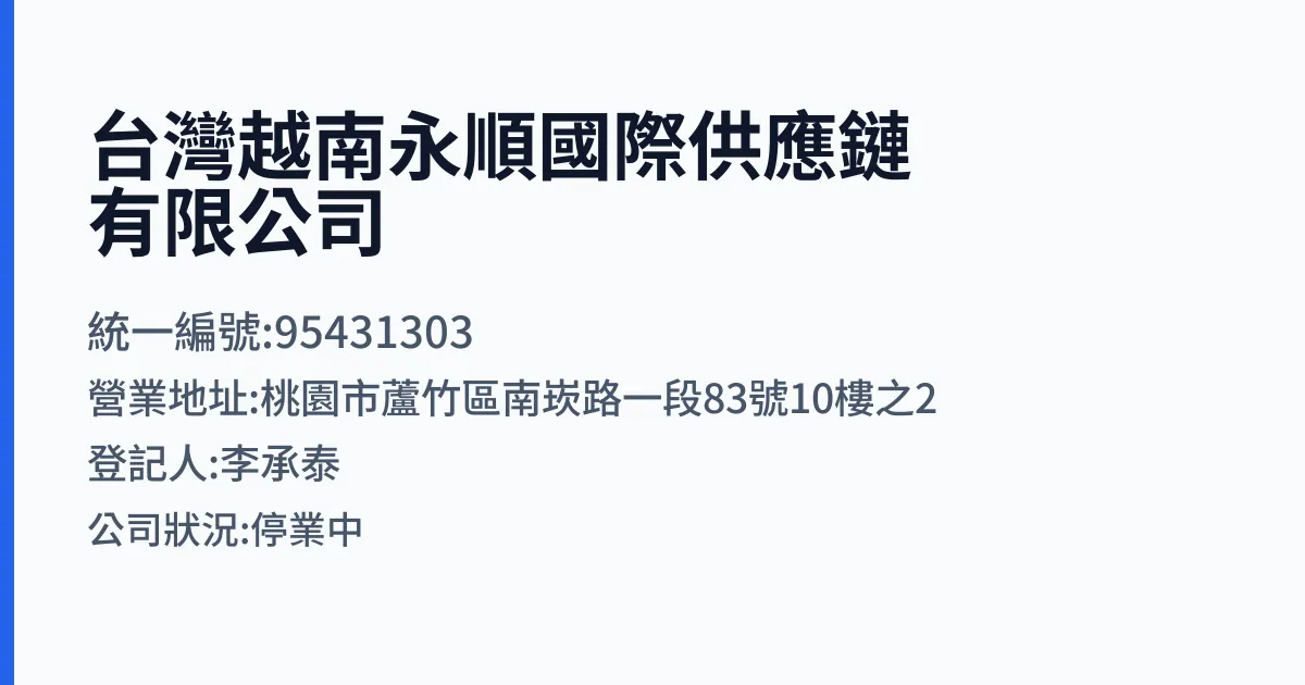 台灣越南永順國際供應鏈有限公司 - 統編 95431303(桃園市) 公司登記資料與營業項目詳細圖表