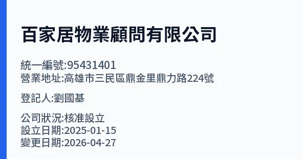 百家居物業顧問有限公司的照片-統編 95431401(高雄市) 公司登記資料與營業項目詳細圖表