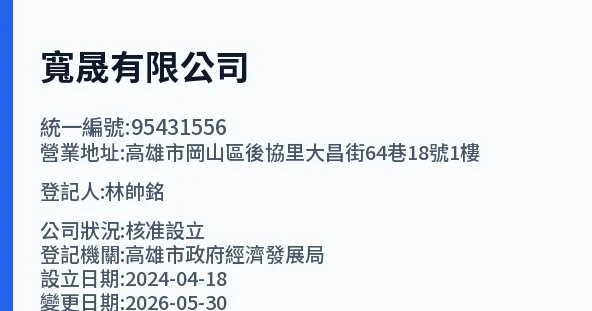 寬晟有限公司的照片-統編 95431556(高雄市) 公司登記資料與營業項目詳細圖表