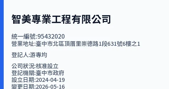 智美專業工程有限公司的照片-統編 95432020(臺中市) 公司登記資料與營業項目詳細圖表