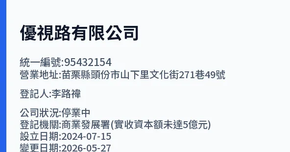 優視路有限公司的照片-統編 95432154(苗栗縣) 公司登記資料與營業項目詳細圖表