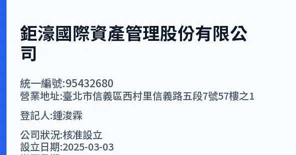 鉅濠國際資產管理股份有限公司的照片-統編 95432680(臺北市) 公司登記資料與營業項目詳細圖表