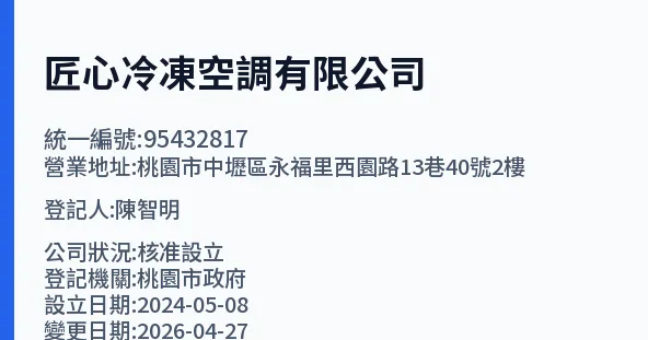 匠心冷凍空調有限公司的照片-統編 95432817(桃園市) 公司登記資料與營業項目詳細圖表