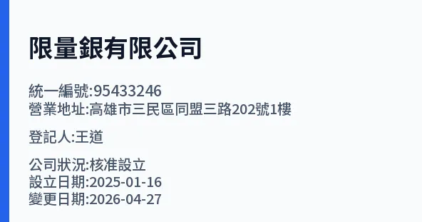 限量銀有限公司的照片-統編 95433246(高雄市) 公司登記資料與營業項目詳細圖表