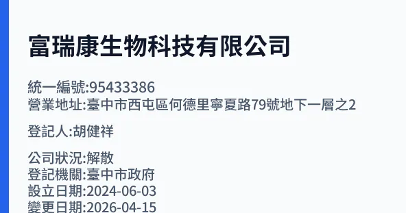 富瑞康生物科技有限公司的照片-統編 95433386(臺中市) 公司登記資料與營業項目詳細圖表