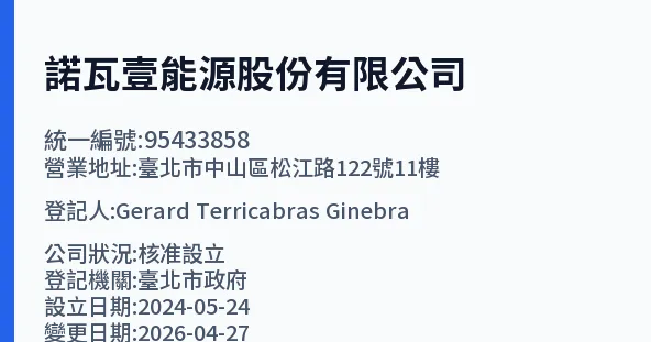 諾瓦壹能源股份有限公司的照片-統編 95433858(臺北市) 公司登記資料與營業項目詳細圖表