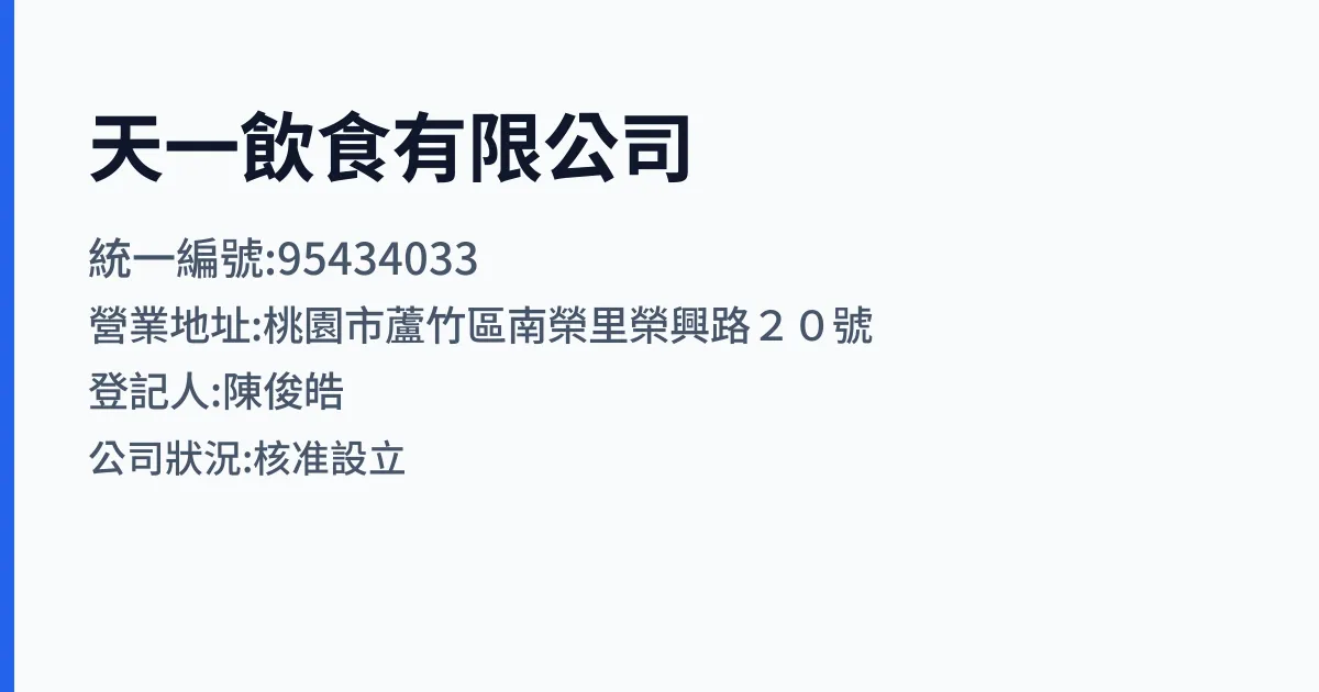 天一飲食有限公司 - 統編 95434033(桃園市) 公司登記資料與營業項目詳細圖表