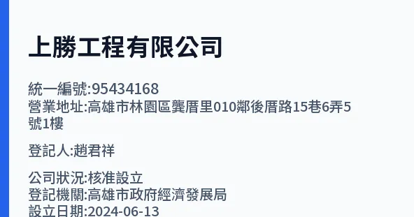 上勝工程有限公司的照片-統編 95434168(高雄市) 公司登記資料與營業項目詳細圖表