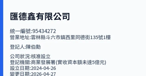匯德鑫有限公司的照片-統編 95434272(雲林縣) 公司登記資料與營業項目詳細圖表