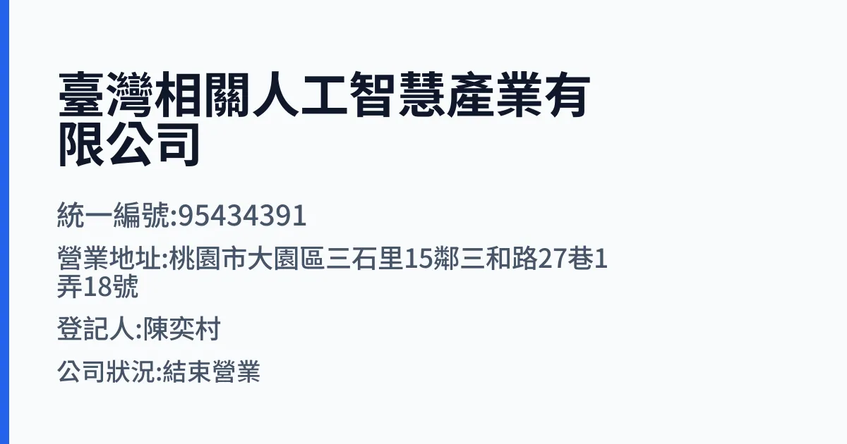 臺灣相關人工智慧產業有限公司 - 統編 95434391(桃園市) 公司登記資料與營業項目詳細圖表