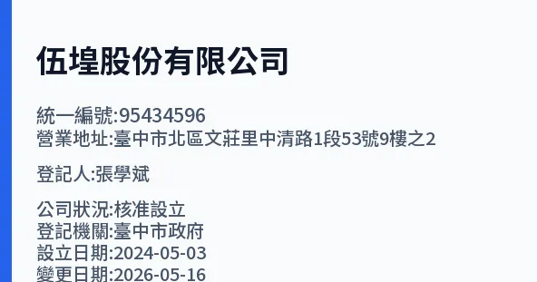 伍堭股份有限公司的照片-統編 95434596(臺中市) 公司登記資料與營業項目詳細圖表