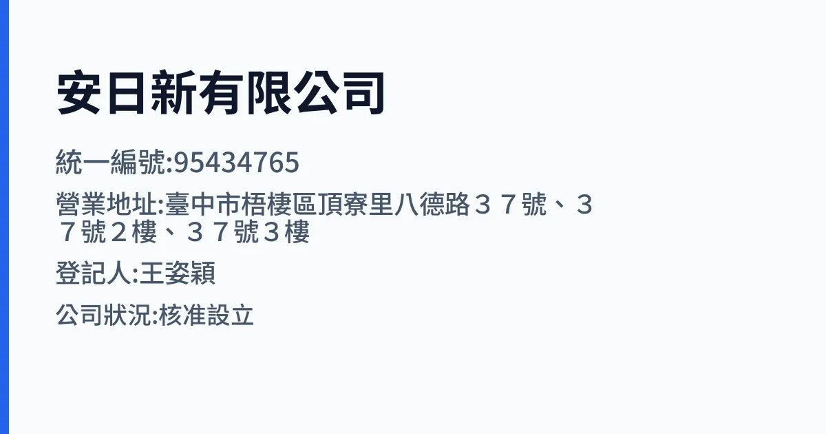 安日新有限公司 - 統編 95434765(臺中市) 公司登記資料與營業項目詳細圖表