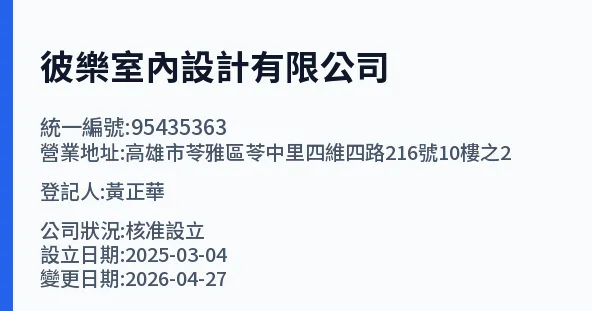 彼樂室內設計有限公司的照片-統編 95435363(高雄市) 公司登記資料與營業項目詳細圖表