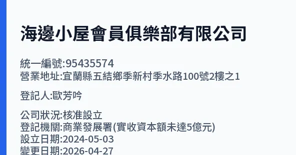海邊小屋會員俱樂部有限公司的照片-統編 95435574(宜蘭縣) 公司登記資料與營業項目詳細圖表