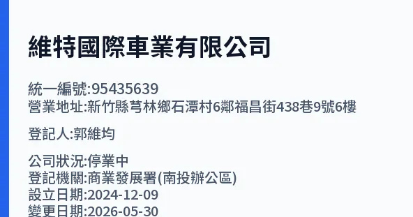 維特國際車業有限公司的照片-統編 95435639(新竹縣) 公司登記資料與營業項目詳細圖表