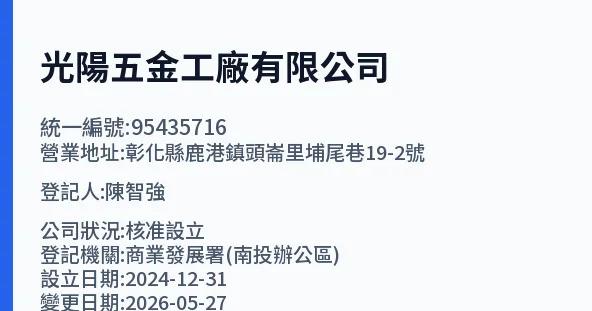 光陽五金工廠有限公司的照片-統編 95435716(彰化縣) 公司登記資料與營業項目詳細圖表