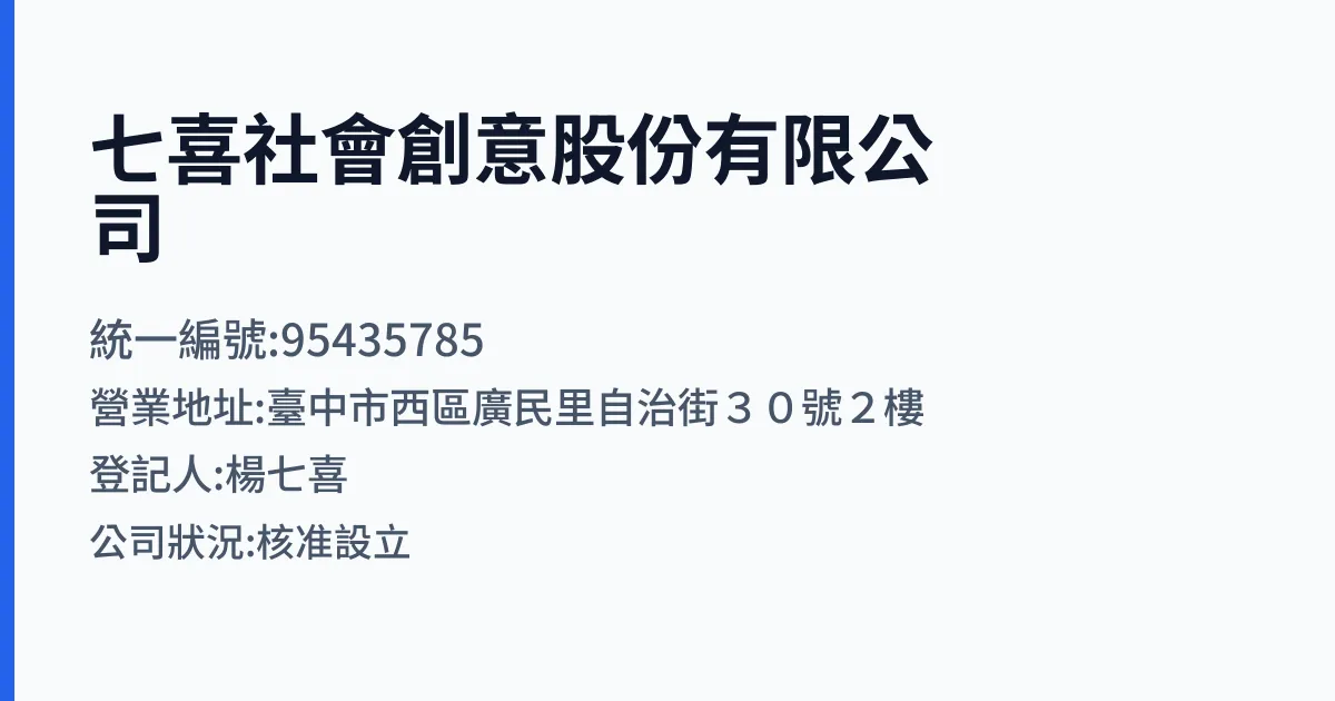 七喜社會創意股份有限公司 - 統編 95435785（臺中市） 公司登記資料與營業項目詳細圖表