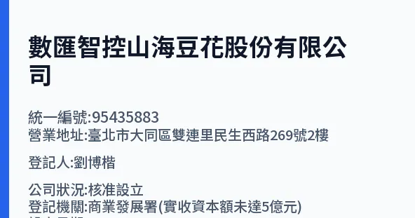 數匯智控山海豆花股份有限公司的照片-統編 95435883(臺北市) 公司登記資料與營業項目詳細圖表
