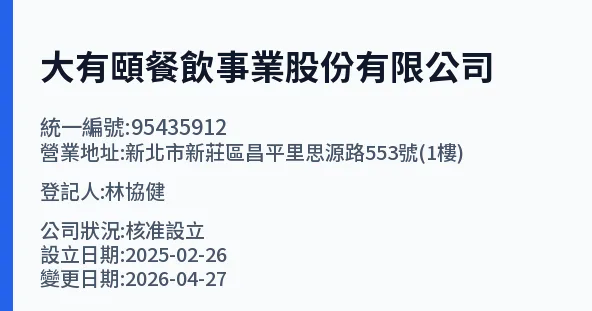 大有頤餐飲事業股份有限公司的照片-統編 95435912(新北市) 公司登記資料與營業項目詳細圖表