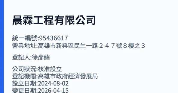晨霖工程有限公司的照片-統編 95436617(高雄市) 公司登記資料與營業項目詳細圖表