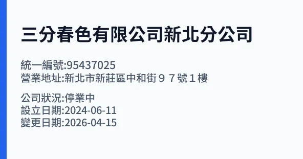 三分春色有限公司新北分公司的照片-統編 95437025(新北市) 公司登記資料與營業項目詳細圖表