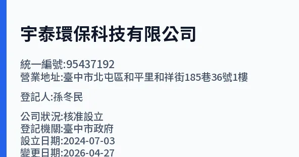 宇泰環保科技有限公司的照片-統編 95437192(臺中市) 公司登記資料與營業項目詳細圖表