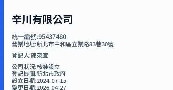 辛川有限公司的照片-統編 95437480(新北市) 公司登記資料與營業項目詳細圖表