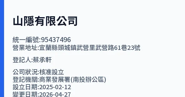 山隱有限公司的照片-統編 95437496(宜蘭縣) 公司登記資料與營業項目詳細圖表