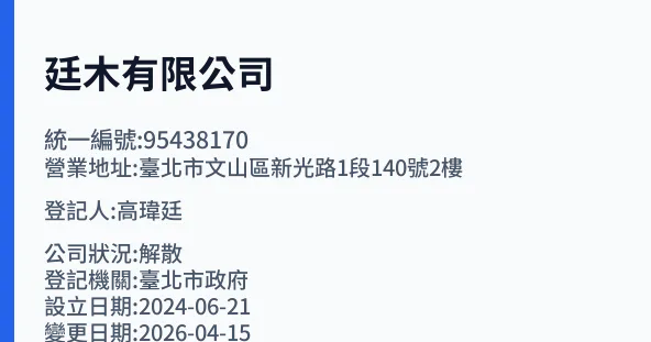 廷木有限公司的照片-統編 95438170(臺北市) 公司登記資料與營業項目詳細圖表