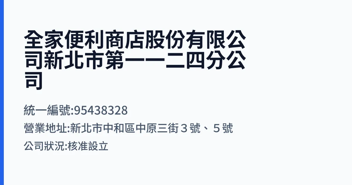 全家便利商店股份有限公司新北市第一一二四分公司 - 統編 95438328(新北市) 公司登記資料與營業項目詳細圖表