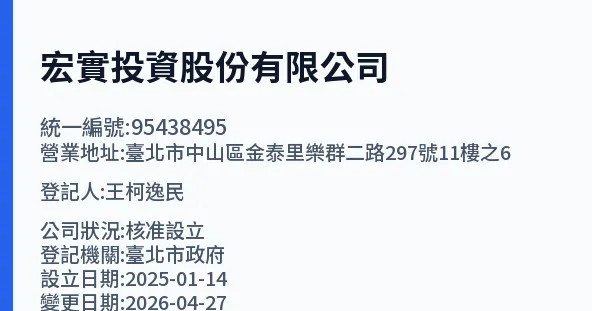 宏實投資股份有限公司的照片-統編 95438495(臺北市) 公司登記資料與營業項目詳細圖表