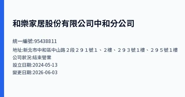 和樂家居股份有限公司中和分公司的照片-統編 95438811(新北市) 公司登記資料與營業項目詳細圖表