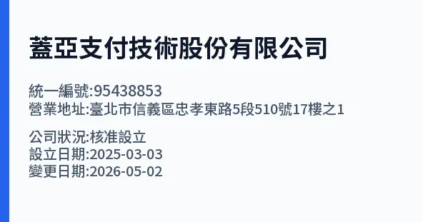 蓋亞支付技術股份有限公司的照片-統編 95438853(臺北市) 公司登記資料與營業項目詳細圖表