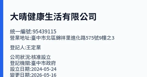 大晴健康生活有限公司的照片-統編 95439115(臺中市) 公司登記資料與營業項目詳細圖表