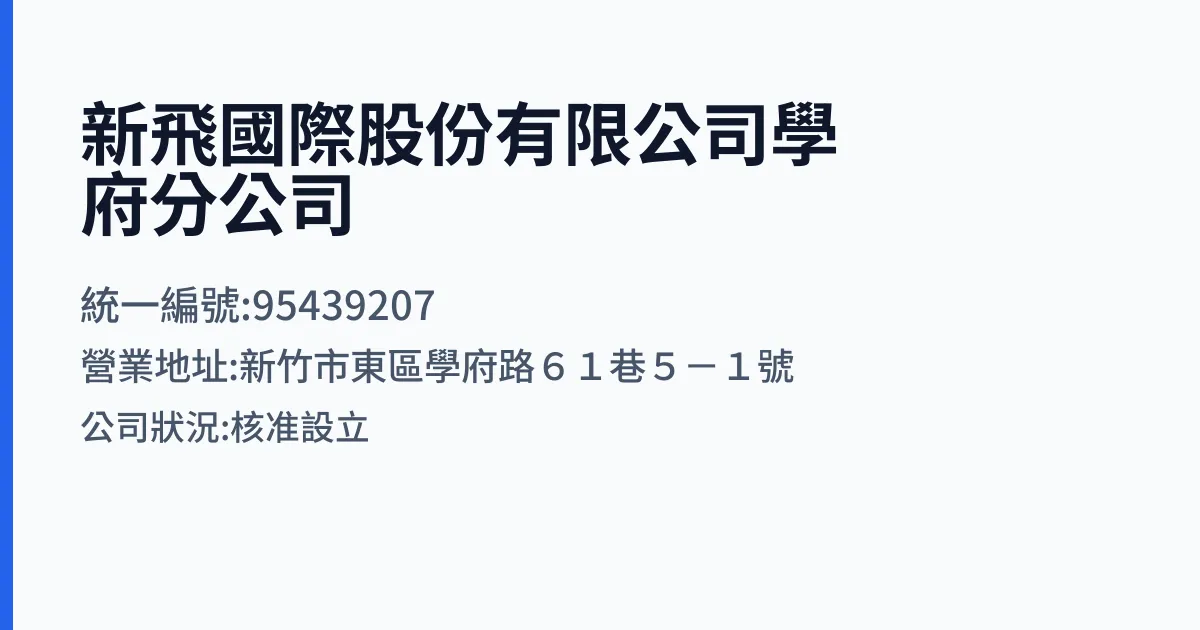 新飛國際股份有限公司學府分公司 - 統編 95439207（新竹市） 公司登記資料與營業項目詳細圖表