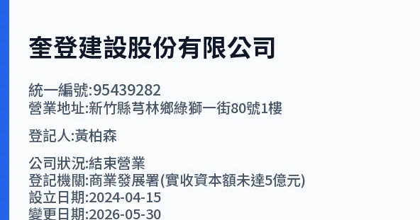 奎登建設股份有限公司的照片-統編 95439282(新竹縣) 公司登記資料與營業項目詳細圖表
