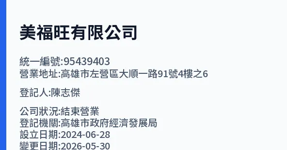 美福旺有限公司的照片-統編 95439403(高雄市) 公司登記資料與營業項目詳細圖表