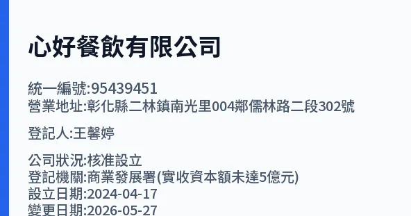 心好餐飲有限公司的照片-統編 95439451(彰化縣) 公司登記資料與營業項目詳細圖表