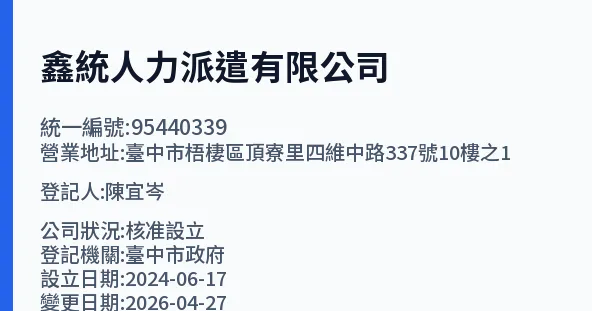 鑫統人力派遣有限公司的照片-統編 95440339(臺中市) 公司登記資料與營業項目詳細圖表